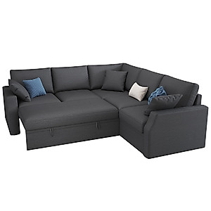 VanAcc Sofa Bed, 85 Inch Sleeper Couch with Storage Seat, L Shaped Sofa with Pull Out Sofa Bed, Sectional Couches for Living Room Apartment, Grey Linen Couch Sofa