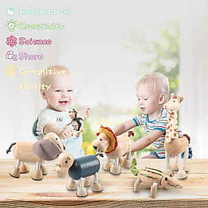 12PCS Bendable Wooden Animal Toys, Fun and Posable Animal Toys Figures for Early Education, Safari Wood Toy for Kids, Smooth Natural Wood, Wood Animal Learning Toy for Children