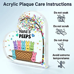 Nana's Peeps with Kid's Names Personalized Acrylic Heart Plaques, Grandma Peeps Bunnies Easter Home Decorations Mimi Gigi Mothers Day Birthday Holiday Decor Gift