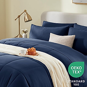 CozyLux Navy Blue Bed in a Bag - 7 Piece Comforter Set, Quilted Comforter (Queen), All Season, Flat & Fitted Sheets, Pillowcases
