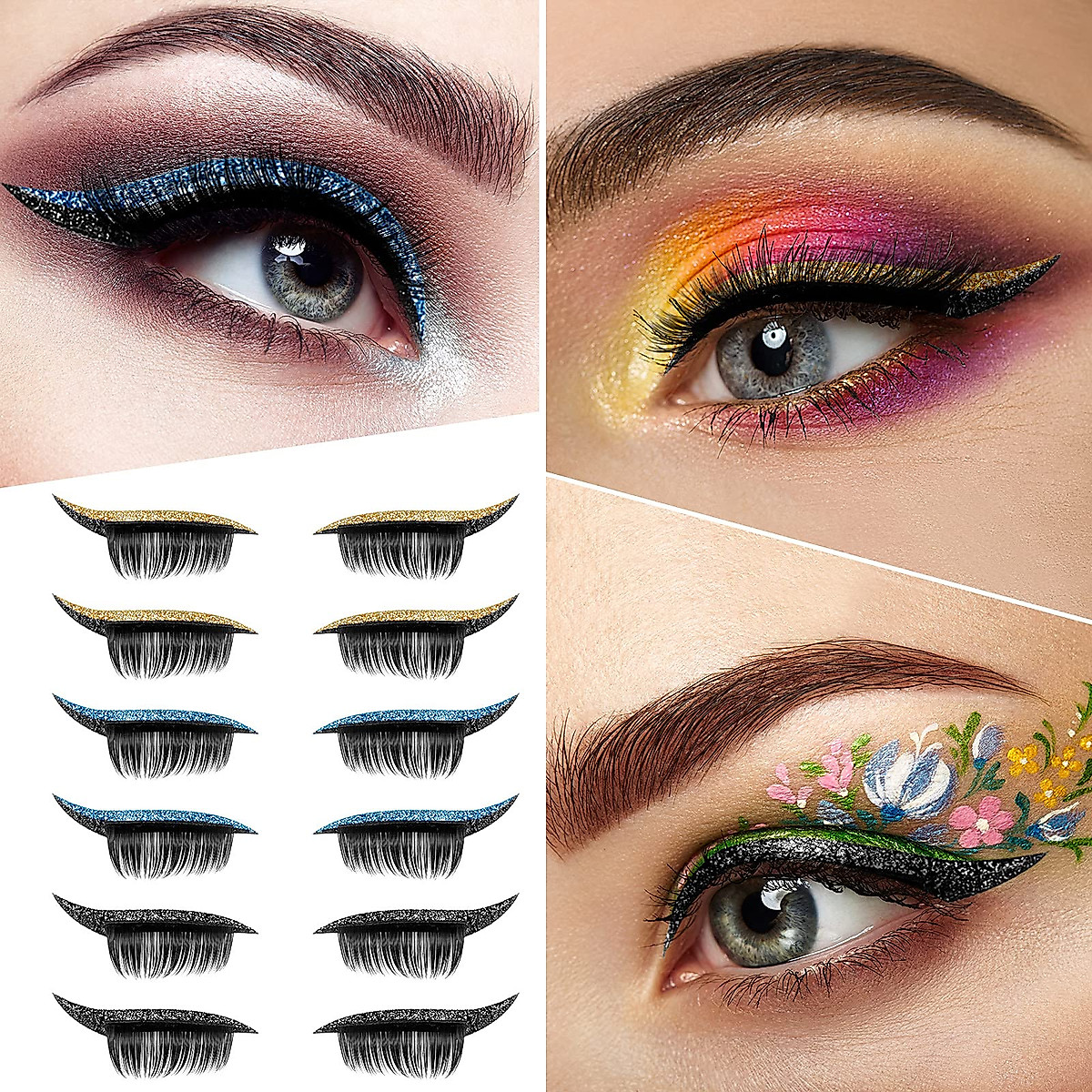 Swiffen 6 Pairs Reusable Eyeliner Eyelash Sticker with Colorful Eyeliner Eyelash Stickers Eyelid Eyelash Makeup Stickers Adhesive Eye Line Strip Stickers with 2 Black Eyelash Tweezers for Women