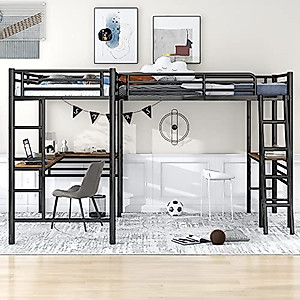 Morhome Metal Loft Bed with Two Built-in Desks, Twin Size L-Shaped Loft Bed with Full-Lenght Guardrail and Two Ladder, 2 Beds in 1 Corner Loft Bed for Kids Teens Adults, No Box Spring Needed