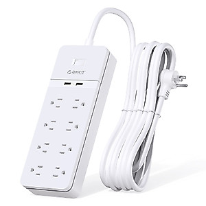 Power Strip Surge Protector, ORICO 25FT Extension Cord with USB Ports, 8 Outlet & 2 USB Flat Plug Power Strip, 15A Circuit Breaker(1850W/15A), Wall Mount for Home, Office, Hotel, ETL Listed-White