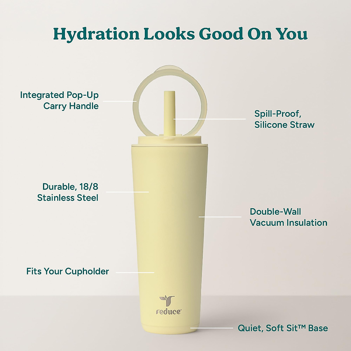 REDUCE Halo 24 oz Stainless Steel Vacuum Insulated Tumbler - Spill Proof Travel Mug with Flip Handle Lid - Keeps Drinks Cold for 32 Hrs - Dishwasher Safe - Cupholder Friendly - French Vanilla