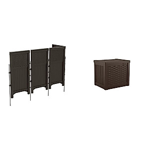 Suncast Wicker Resin Garden Fence Bundle (4 Panels) + Deck Box for Storage