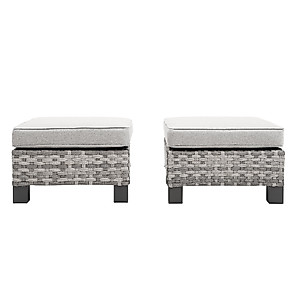 LebenLiebe Outdoor Patio Ottomanr Wicker Ottomans for Patio 2 Pieces Rattan Ottoman All-Weather Square Outdoor Footstool Footrest with Grey Cushions