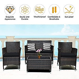 Tangkula 8 PCS Patio Rattan Conversation Set, Outdoor Wicker Furniture Set with Tempered Glass Coffee Table &Thick Cushion, Rattan Chair Wicker Set for Garden, Lawn, Poolside and Backyard (2, Black)