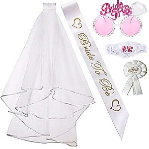 BIEAEIA Bachelorette Party Bride to Be Kit-1 White Double Ribbon Edge Center Cascade Bridal Wedding Veil with Comb,1 Bride to Be Satin Sash, 1 Badge, 1 leg lace. 1 Pink Bride to be glasses