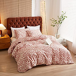 AOJIM Animal Leopard Duvet Cover Cheetah Print Bedding Set 100% Cotton Soft Quilt Cover White and Pink Comforter Cover 1 Queen Size Duvet Cover 2 Pillowcases (no Comforter)