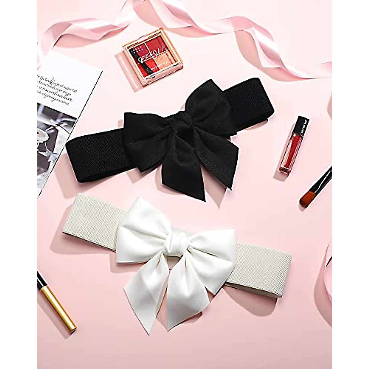Brighoo 2 Pieces Wide Elastic Belt Women's Bowknot Belt Ladies Stretchy Bow Belt for Valentine's Day Women Dresses (Black, White)