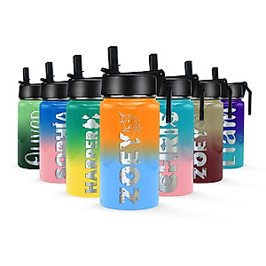 Personalized Kids Water Bottle with Straw Lid on Orange Blue Ombre for School Engraved Custom Children Name 12 oz Modern Insulated Stainless Steel