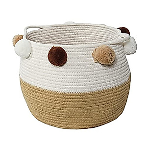 Cotton Rope Woven Round Baskets, Baby Shower Basket with Pom, Shelf Storage Basket, Baby Diaper Caddy Nursery Nappies Organizer, Blanket Laundry Basket Hamper Bin for Living Room