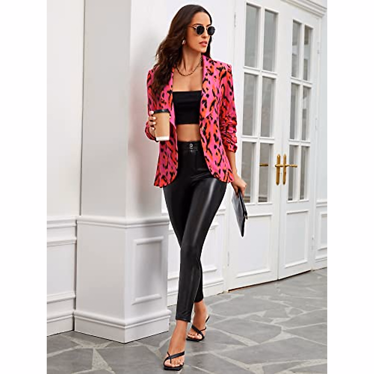 Verdusa Women's Leopard Print Ruched 3/4 Sleeve Shawl Collar Blazer Jacket Hot Pink L