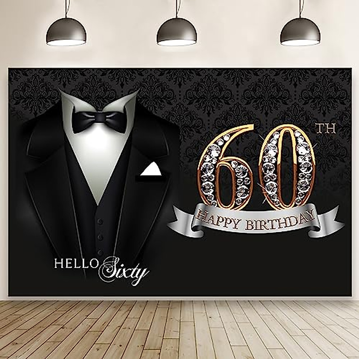 DORCEV 5x3ft Men 60th Birthday Party Backdrop Black Gold Diamonds Bow Tie White Shirt Suit Tuxedo Backdrop for Birthday Party Hello Sixty Happy 60th Birthday Dinner Party Background Banner Props