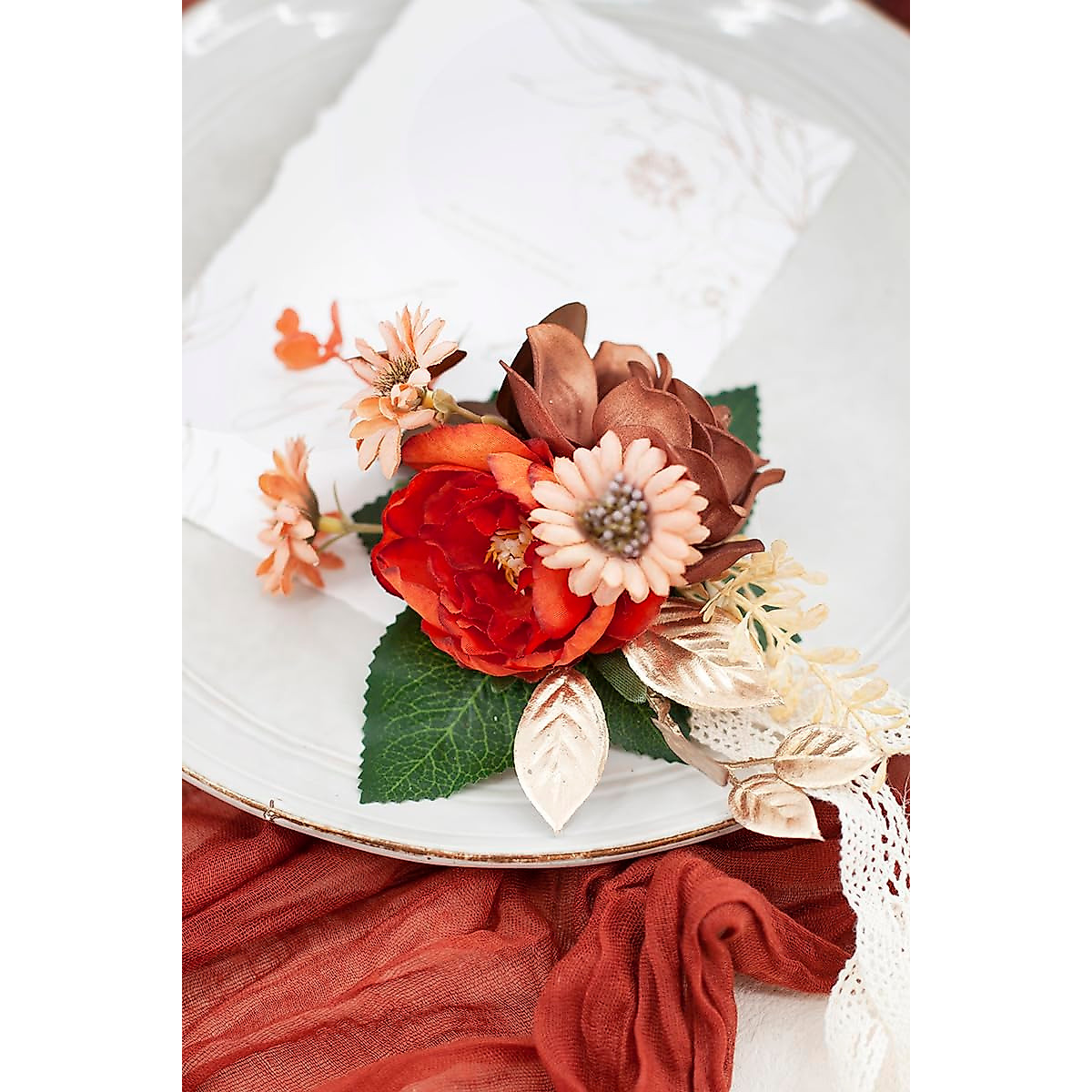 Ansofi Set of 6 Burnt Orange Wrist Corsages for Wedding, Corsage Bracelet Hand Flower for French Rustic Wedding Ceremony, Anniversary Prom Homecoming Formal Dinner Party