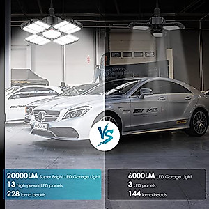 Rafow 200W LED Garage Lights 2 Pack - 20000LM 6500K Deformable Ceiling Lighting Fixture with 12 Adjustable Panels - E26/E27 Bay Light for Garage, Basement, Shop, Workshop, Warehouse