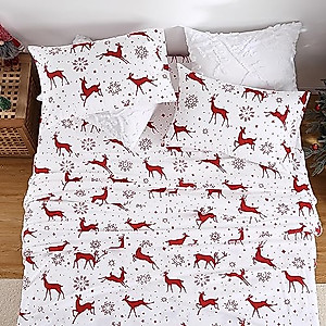 STARBEDIA Christmas Flannel Sheets Twin, 100% Cotton Holiday Bed Sheet Set, Deep Pocket Fitted Sheet, Soft Warm Brushed Christmas Sheet (Twin Size, Red Christmas Deer)