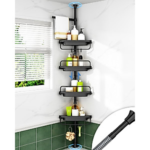 ALLZONE Rustproof Shower Caddy Corner for Bathroom,Bathtub Storage Organizer for Shampoo Accessories,4-Tier Adjustable Shelves with Tension Pole,56 to 114 Inch, Black
