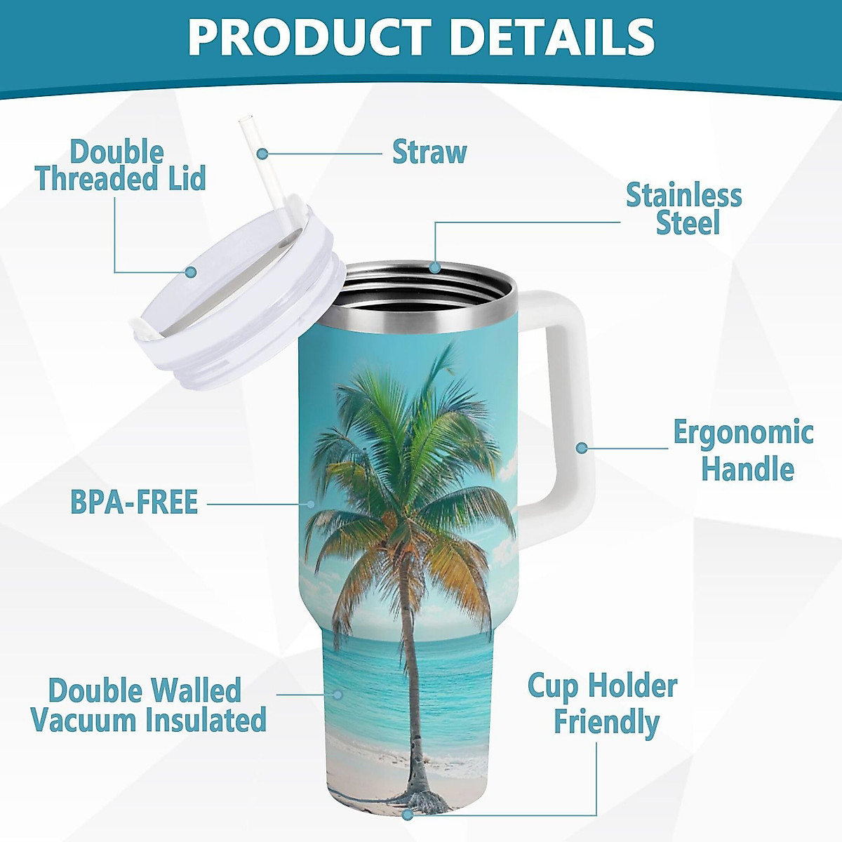 Qilmy 30 oz Beautiful Palm Tree Tumbler with Handle and Straw Lid for Water Iced Tea or Coffee, Stainless Steel Insulated Leak-proof Travel Coffee Mug Cup Gifts