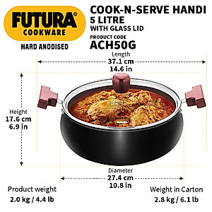 ‎Hawkins Futura 5 Litre Cook n Serve Handi, Hard Anodised Biryani Handi with Glass Lid, Saucepan, Sauce Pan, Black (ACH50G)