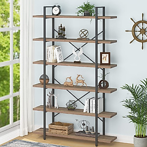 HSH Tall Bookcases and Book Shelves 6 Shelf, Metal Wooden Book Shelf and Storage Rack, Modern Etagere 6 Tier Bookshelf, Farmhouse Large Display Bookshelves for Bedroom Living Room Office, Rustic Oak