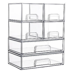 Vtopmart Stackable Storage Drawers Set of 6, Clear Plastic Organizer Bins for Bathroom Supplies,Ideal for Cabinet,Pantry,Laundry Room Organization