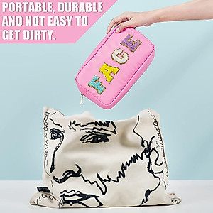 4 Pcs Preppy Chenille Letter Makeup Bag,Nylon Zipper Waterproof Preppy Stuff Bag,Cosmetic Travel Organizer Bag for Women Teen Girl（Pink,Blue,White,Black）