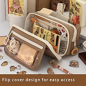 GUANGLU Cute Capybara Pencil Case, Capybara School Supplies, Clear Aesthetic Pencil Pouch with Cute Capybara Pins and Plush, Large Capacity Multi-layers Pen Case