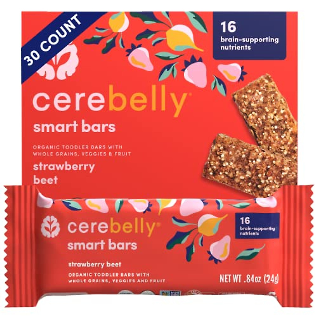 Cerebelly Toddler Snack Bars – Strawberry Beet (Pack of 30), Healthy & Organic Whole Grain Bars with Veggies & Fruit, 15 Brain-supporting Nutrients from Superfoods, Nut & Gluten Free, No Added Sugar