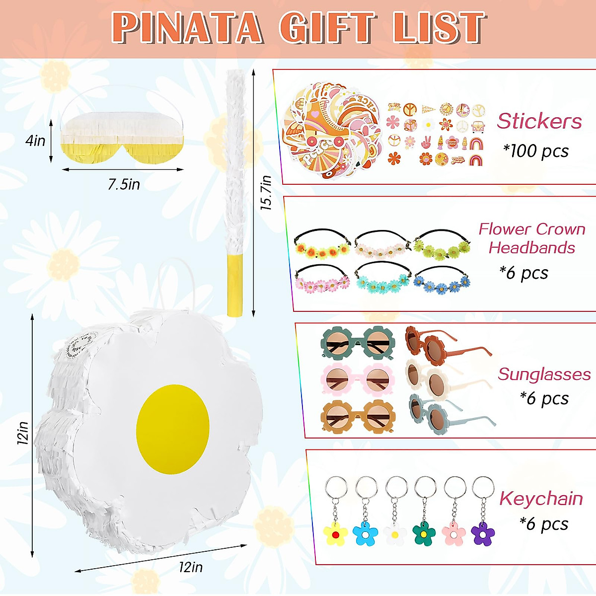 Saysurey Groovy Daisy Flower Favors Including Retro Hippie Groovy piñata Set Retro Flower Sunglasses Daisy Headbands Groovy Boho Stickers Keychains for Kids Hippie Party Gifts Baby Shower Birthday