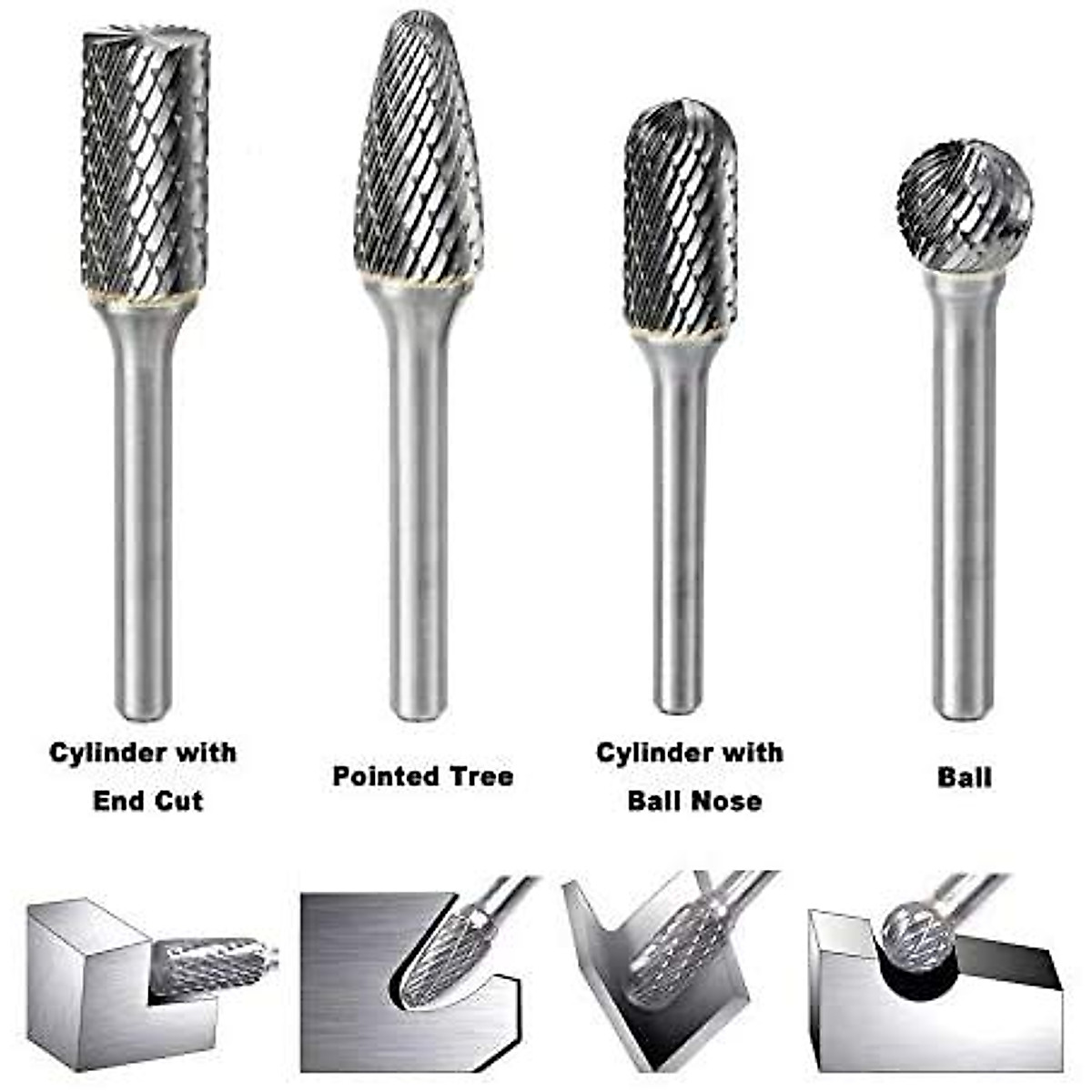 YUFUTOL Carbide Burr Set with 1/4''(6.35mm) Shank 8pcs Double Cut Solid Carbide Rotary Burr Set for Die Grinder Drill, Metal Wood Carving, Engraving,Polishing,Drilling