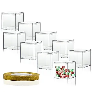 20 Pcs Clear Plastic Square Cube, 2.16x2.16x2.16" Small Acrylic Plastic Storage Box with Lids Transparent Clear Square Containers Display Boxes Gift Box with Glitter Ribbon for Candy Pill Jewelry Christmas