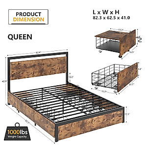 Meitewei Queen Bed Frame with 4 Storage Drawers and 2 Nightstands, Bed Frame with LED Headboard and Charging Station, Metal Platform Bed Frame, No Box Spring Needed, Vintage Brown