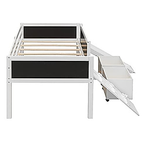 CITYLIGHT Low Loft Bed with Slide,Wood Twin Loft Bed for Kids,Loft Bed Twin with 2 Toy Boxes and Decorative Guardrail Chalkboard, Junior Loft Bed Frame for Girls Boys Toddler,White