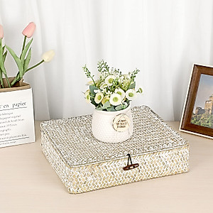 Hipiwe Seagrass Storage Bins with Lid Large Wicker Basket Box for Shelf Organizing Flat Woven Shelf Basket Bin Home Decorative Baskets for Closet Bedroom, Whitewash