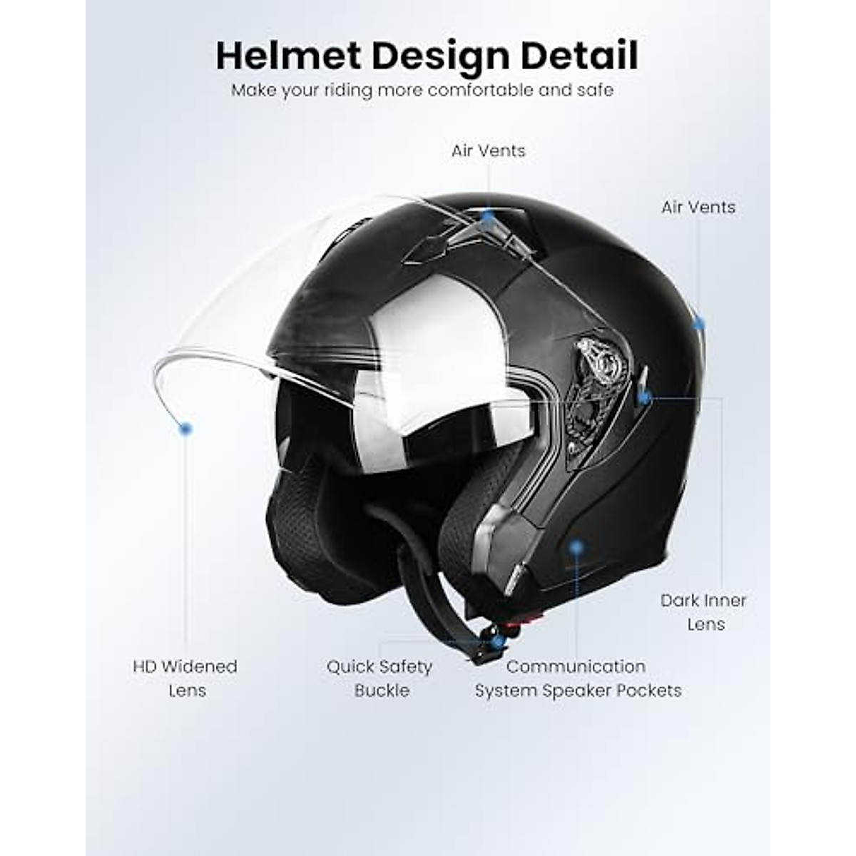 AUBOA Open Face Motorcycle 3/4 Helmets with Dual Visor for Men Women DOT Moped Scooter Cruiser Helmet Model AU-MO328 (Matte Black, L)