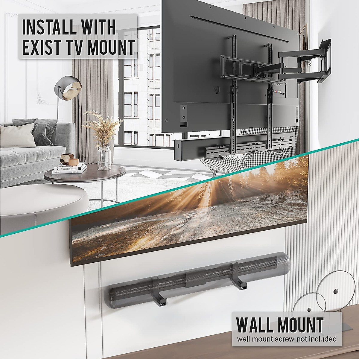 WALI Universal Soundbar Mount - Compatible with Samsung, Bose, Sonos,Lg,Vizio & More - Adjustable Under/Above/Wall Mount Bracket Supports Most Soundbars Up to 33lbs, Black