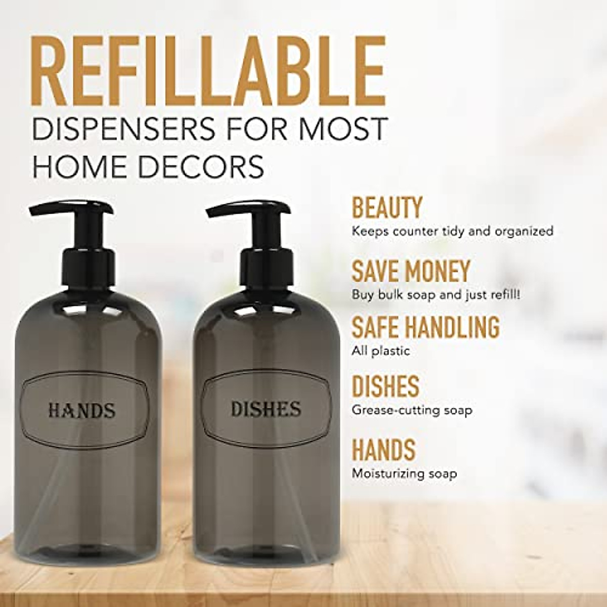 Bottiful Home-16 oz. Gray Plastic Shampoo, Conditioner, Wash, Hands, Dishes Refillable Reusable Shower & Kitchen Bottles-Black Lotion Pumps-2 Twist-on Funnels for Hands-Free Refills-Bundle
