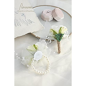 Floroom Ivory Rose Wrist Corsage Bracelet Wristlet Band and Men Boutonniere Set for White Wedding Flower Accessories Prom Suits