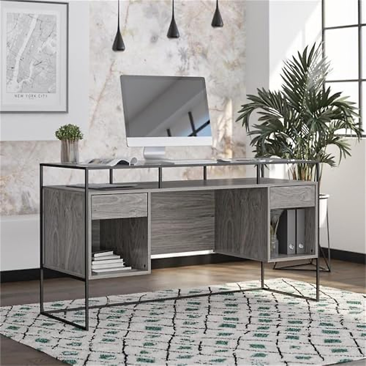 Ameriwood Home Camley Modern 2-Drawer Desk with Fluted Glass Top, Gray Oak