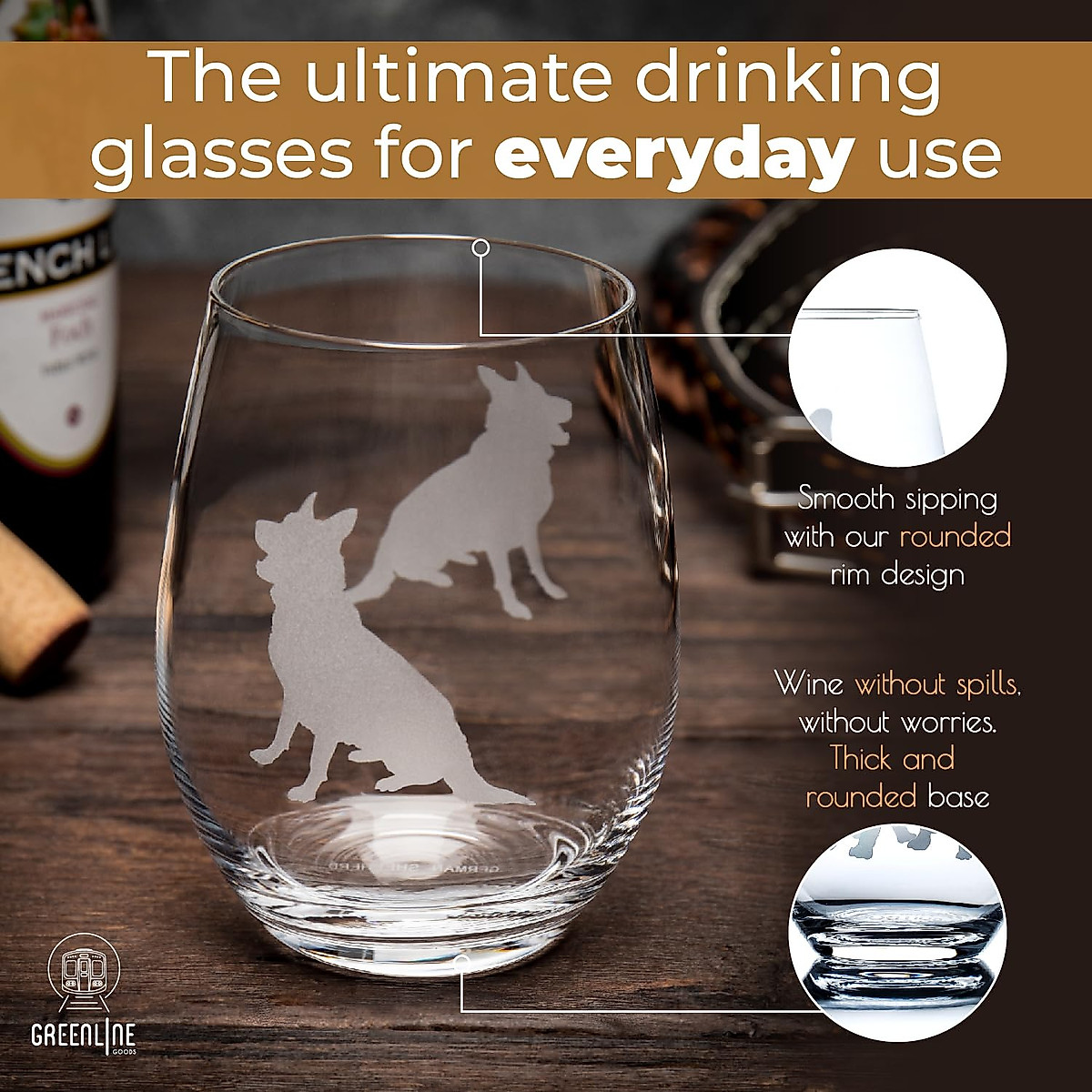 German Shepherd Stemless Wine Glasses (Set of 2) | Unique Gift for Dog Lovers | Hand Etched with Breed Name on Bottom