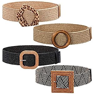 Geyoga 4 Pieces Straw Belts for Women Dresses Straw Woven Elastic Stretch Wide Waist Belt Bohemian with Buckle (38 Inch Long)