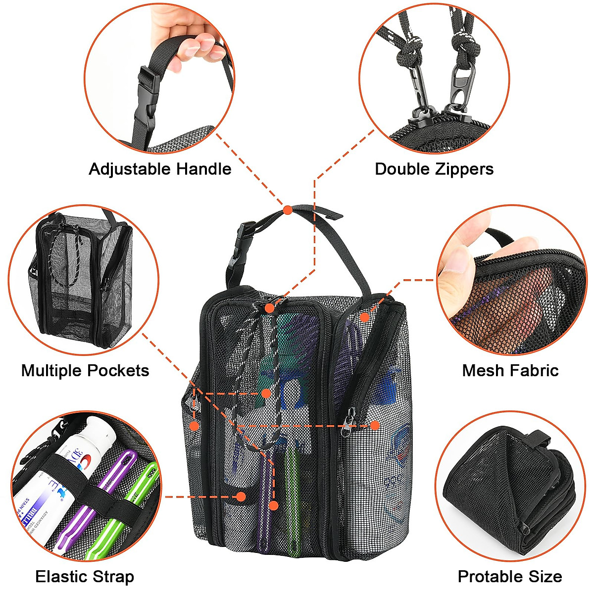 Cosmos Mesh Shower Caddy Toiletry Organizer Hanging Shower Tote Bag, Quick Dry Shower Organizer Portable Bath Bag with Durable Zippers & Side Pockets for Travel, Gym, Swimming, Beach and Camp