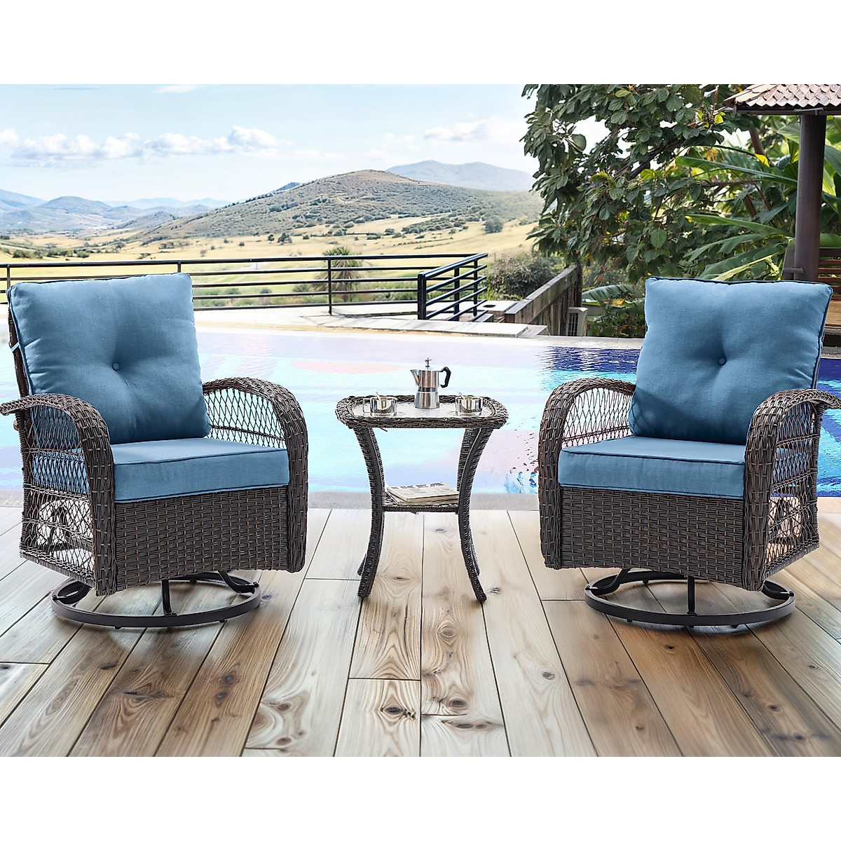 UDPATIO 3 Pieces Patio Furniture Set, Outdoor Swivel Gliders Rocker, Wicker Patio Bistro Set with Rattan Rocking Chair, Glass Top Side Table and Thickened Cushions for Porch Deck Backyard (Blue)