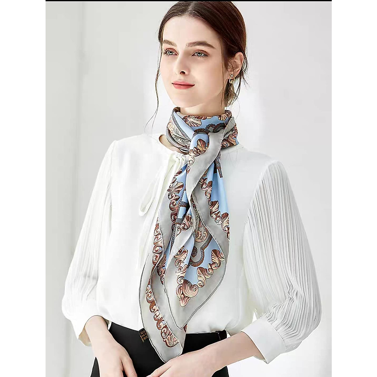 ANDANTINO 100% Pure Mulberry Silk Scarf 43" Large Square Lightweight Headscarf& Shawl–Women Hair Wraps-With Gift Packed (Light Blue)