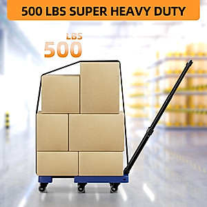 Folding Hand Truck, 500 LB Heavy Duty Luggage Cart, Utility Dolly Platform Cart with 6 Wheels & 2 Elastic Ropes for Luggage, Travel, Moving, Shopping, Office Use, Blue