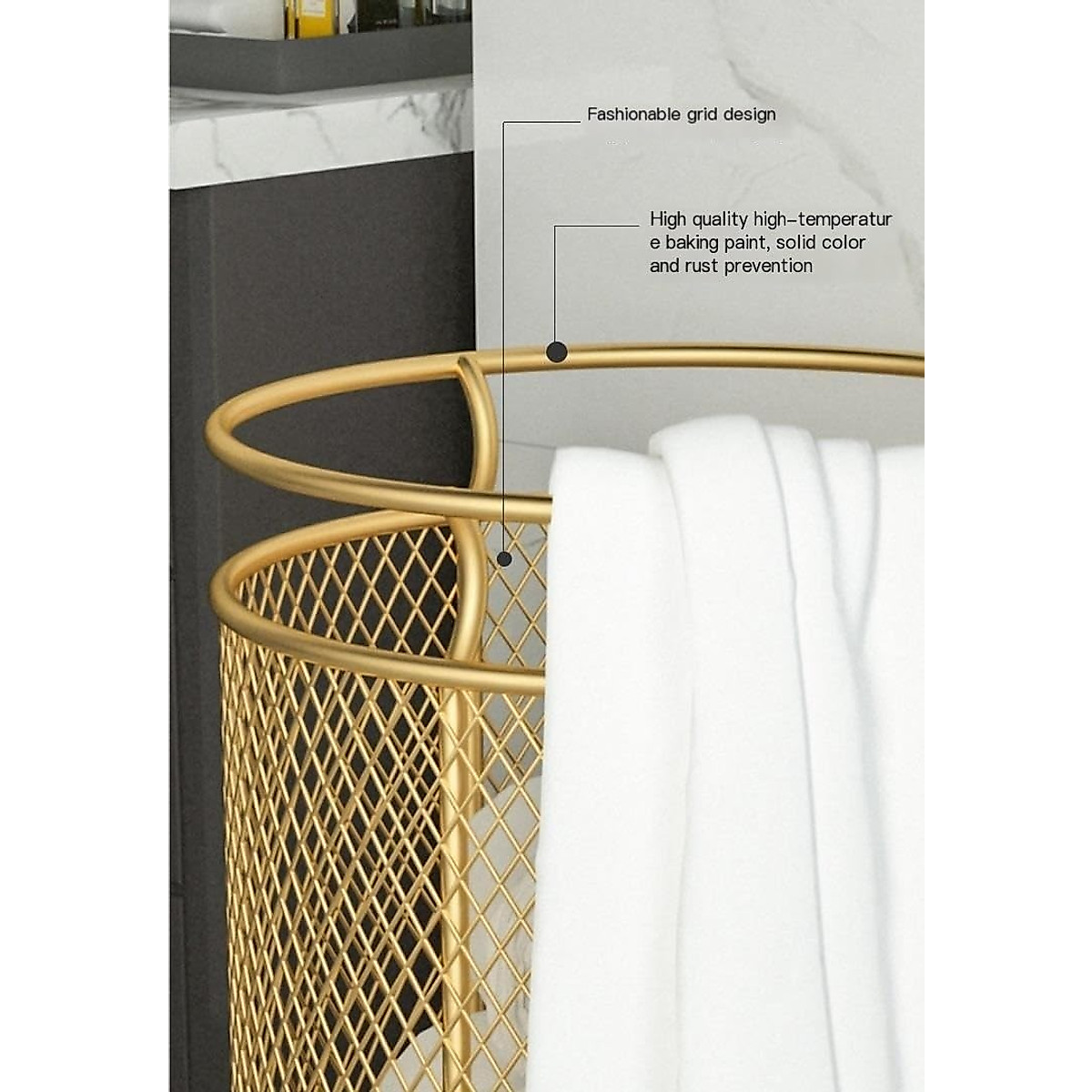YDKJWB Metal Laundry Basket with Wheels, Round Mesh Dirty Clothes Hamper, Gold/Black/White Laundry Hamper, Storage Basket for Bathroom, Laundry Room, Living Room, Bedroom (Color : Gold)