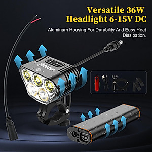 Bike Lights for Night Riding Aluminum Mounts Front and Back 5000 Lumen 12h 20000mah External Battery Pack for Night Riders, Mountain Bikers, Off-Road Cyclists