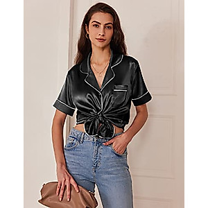 Ekouaer Satin Pj Set Sexy Soft Sleep Sets For Women Casual Button Down Loungewear(Black,Large)