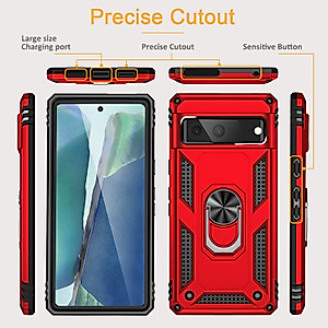 Muntinfe for Google Pixel 7 Case with Tempered Glass Screen Protector [2 Pack], Military-Grade Armor Shockproof Protective Phone Case Cover with Ring Magnetic Kickstand for Pixel 7, Red